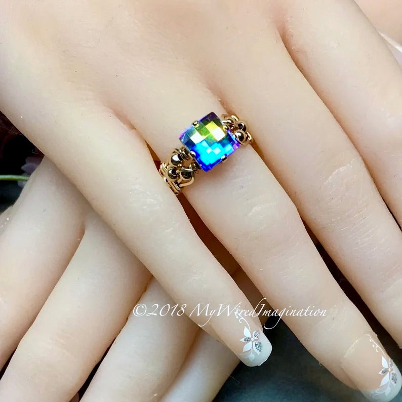 Swarovski Checkerboard Cut Crystal AB Handmade Ring, Vintage Crystal H ...