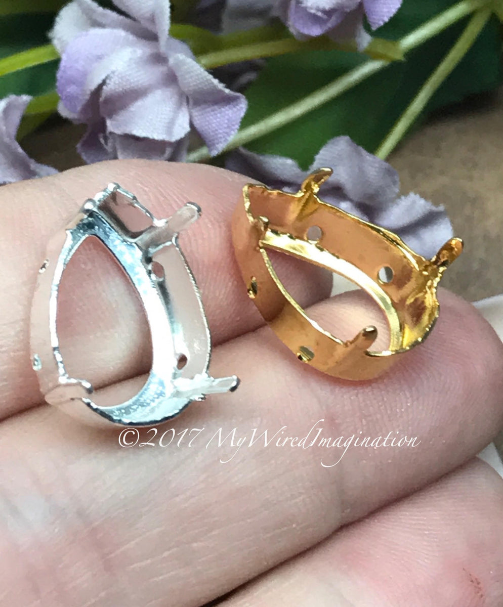 2 pcs Silver or Gold Plated Settings, Fits Pear Shape 4320 Crystals 18 ...