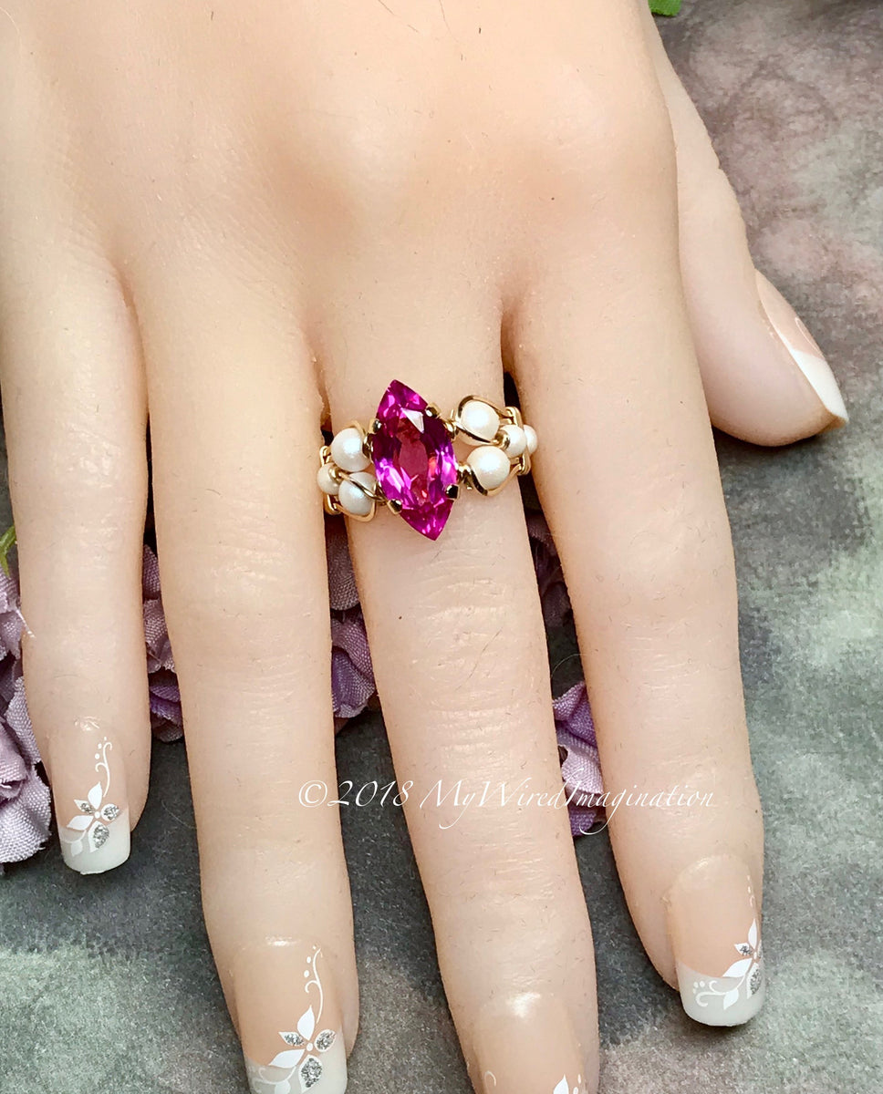 Hot Pink Sapphire and Swarovski Pearl Handmade Ring, Made to Order – My ...